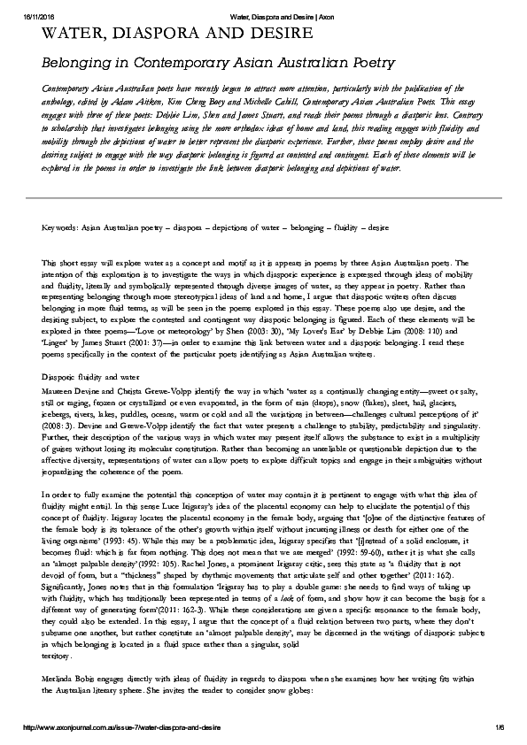 (PDF) Water, Diaspora and Desire: Belonging in Contemporary Asian ...