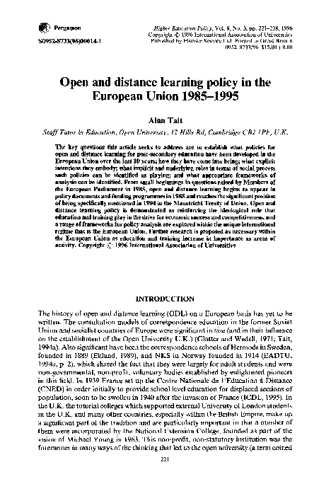 (PDF) Open and distance learning policy in the European Union 1985–1995