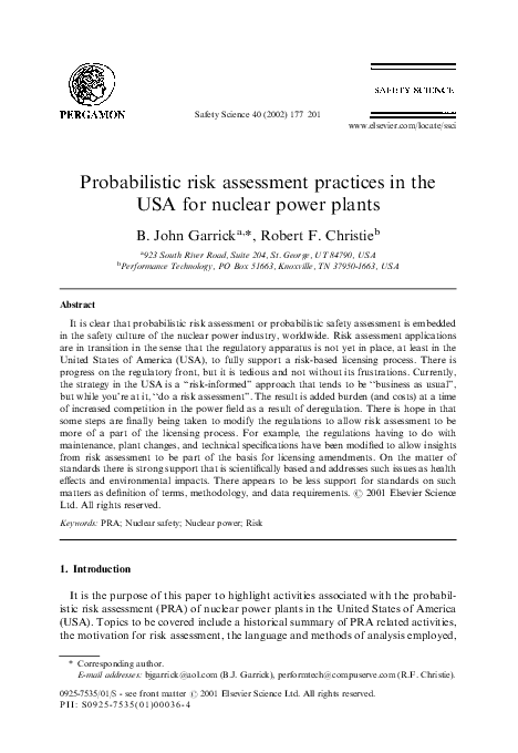 (PDF) Probabilistic risk assessment practices in the USA for nuclear ...