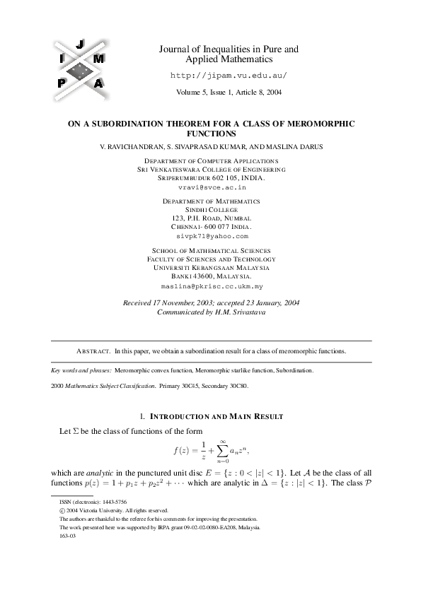 Pdf On A Subordination Theorem For A Class Of Meromorphic Functions