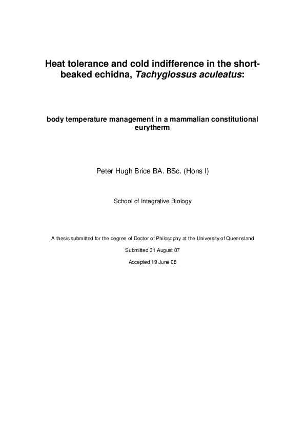 (PDF) Heat tolerance and cold indifference in the short-beaked echidna ...