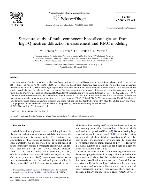 (PDF) Structure study of multi-component borosilicate glasses from high-Q neutron diffraction ...