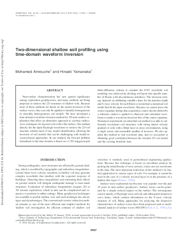 (PDF) Two-dimensional shallow soil profiling using time-domain waveform inversion