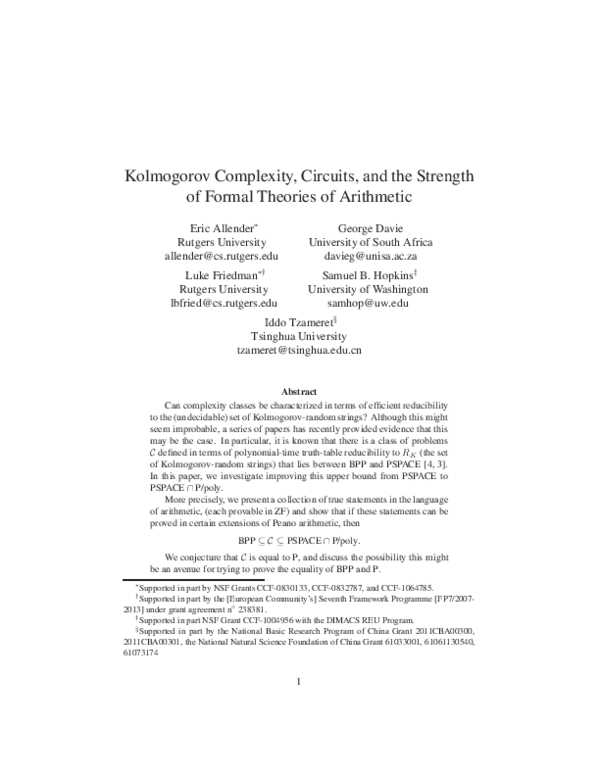 Pdf Kolmogorov Complexity Circuits And The Strength Of Logical Theories Of Arithmetic E