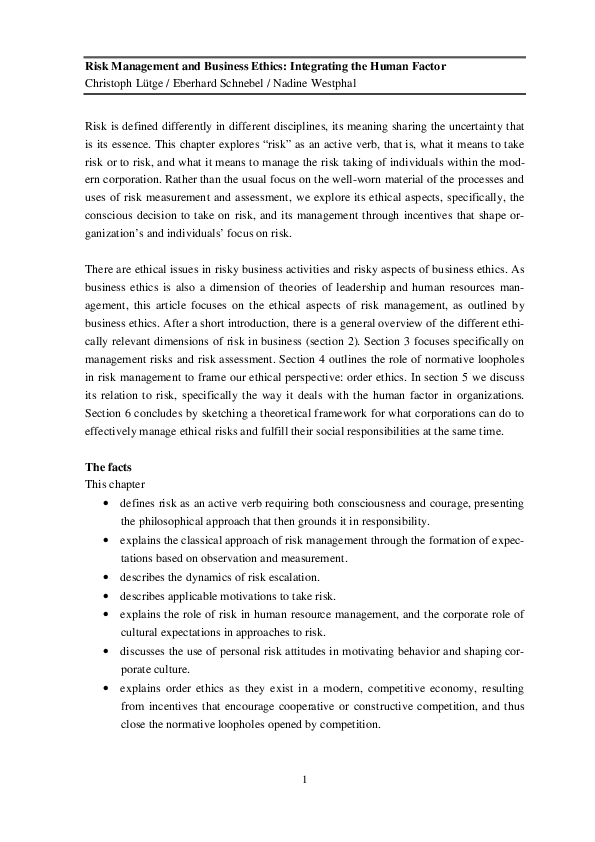 (PDF) Risk Management and Business Ethics: Integrating the Human Factor ...