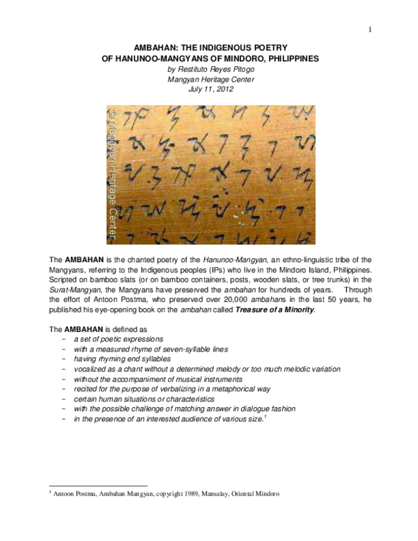 (PDF) AMBAHAN: THE INDIGENOUS POETRY OF HANUNOO-MANGYANS OF MINDORO ...