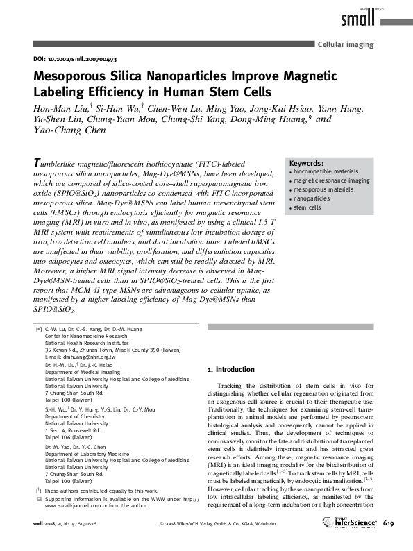 (PDF) Mesoporous Silica Nanoparticles Improve Magnetic Labeling Efficiency in Human Stem Cells