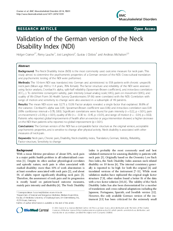 (PDF) German Validation of the Neck Disability Index