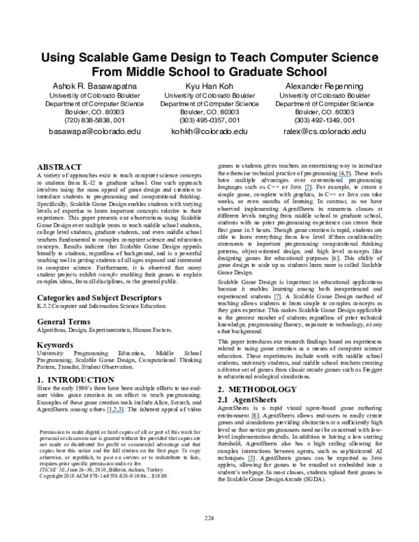 Pdf Using Scalable Game Design To Teach Computer Science From Middle School To Graduate School