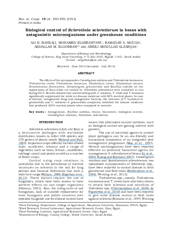 (PDF) Biological control of Sclerotinia sclerotiorum (Lib.) de Bary with Trichoderma harzianum ...