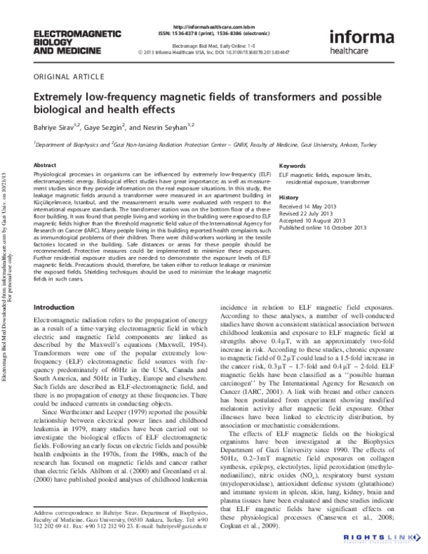(PDF) Extremely low-frequency magnetic fields of transformers and possible biological and health ...