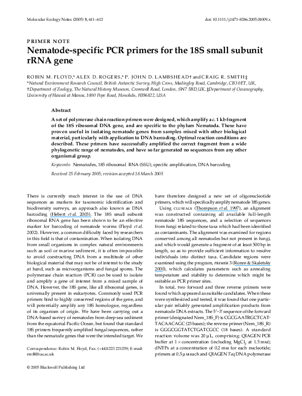 (PDF) Nematode-specific PCR primers for the 18S small subunit rRNA gene