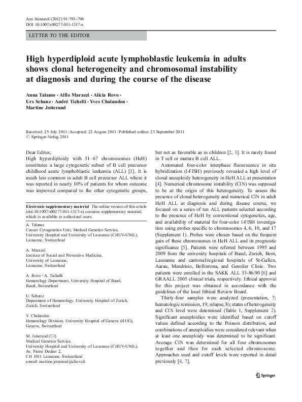 (PDF) High hyperdiploid acute lymphoblastic leukemia in adults shows ...