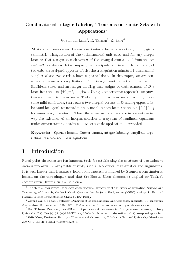 Pdf Combinatorial Integer Labeling Theorems On Finite Sets With Applications A Talman