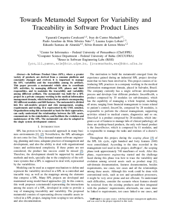 (PDF) Towards metamodel support for variability and traceability in software product lines