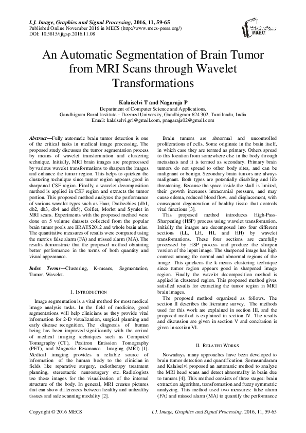 (PDF) An Automatic Segmentation of Brain Tumor from MRI Scans through Wavelet Transformations