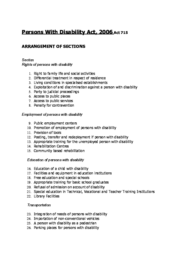 (PDF) Persons With Disability Act, 2006 Act 715 ARRANGEMENT OF SECTIONS