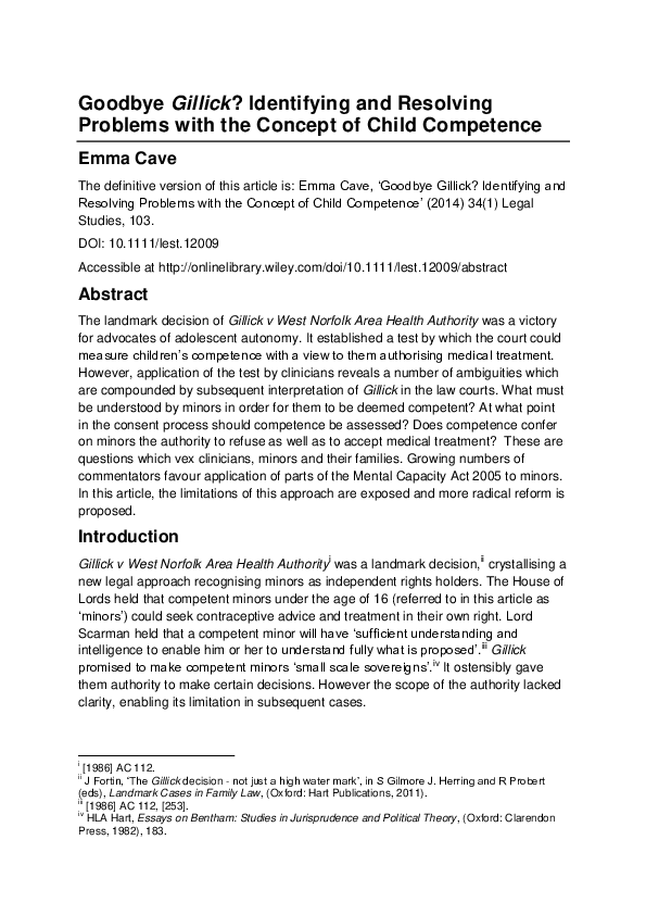 (PDF) Goodbye Gillick ? Identifying and resolving problems with the ...