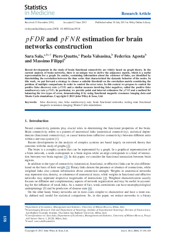 (PDF) pFDR and pFNR estimation for brain networks construction
