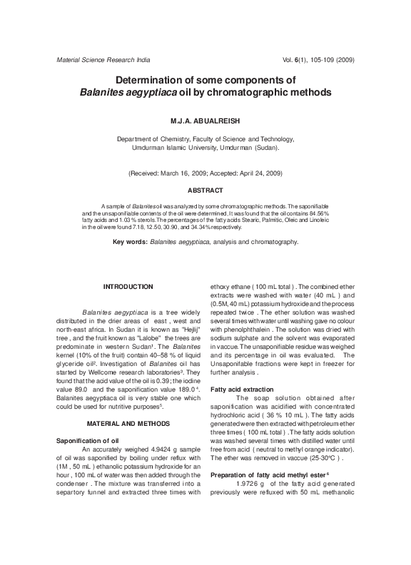 (PDF) Balanites aegyptiaca oil by chromatographic methods