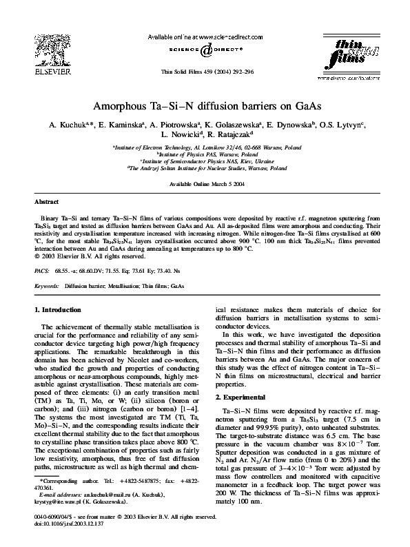 (PDF) Amorphous Ta–Si–N diffusion barriers on GaAs