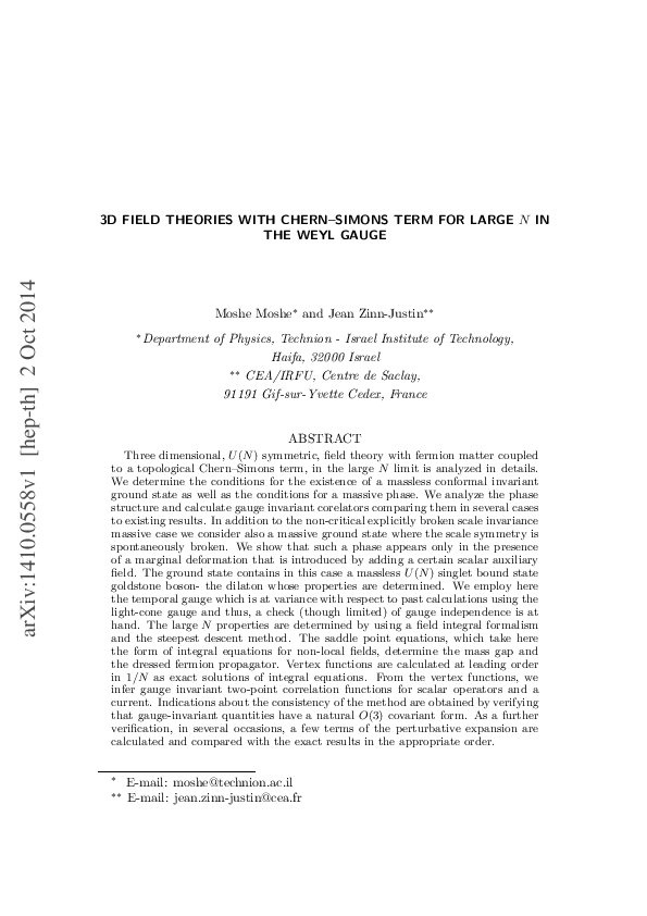 (PDF) 3D field theories with Chern-Simons term for large N in the Weyl ...