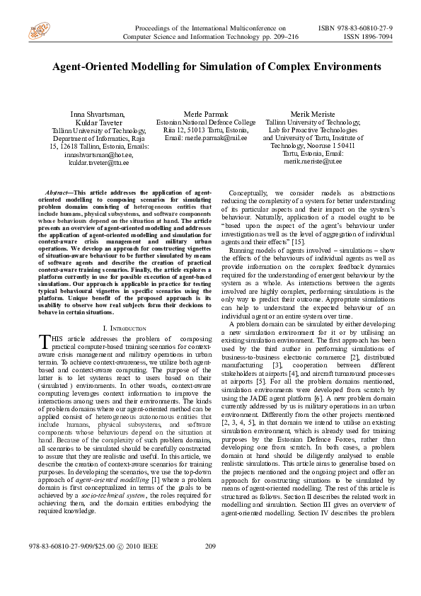 (PDF) Agent-Oriented Modelling for Simulation of Complex Environments