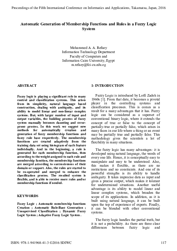 (PDF) Automatic Generation of Membership Functions and Rules in a Fuzzy ...
