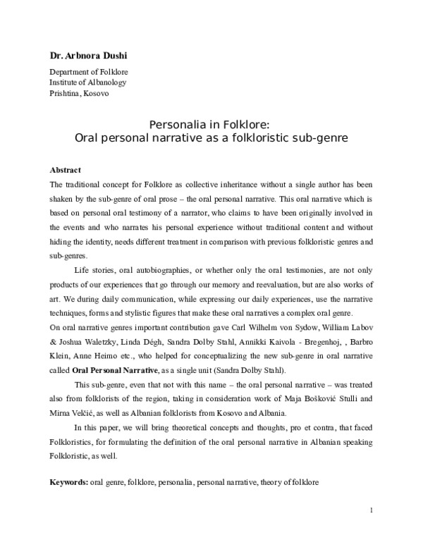 (DOC) Personalia in Folklore: Oral personal narrative as a folkloristic ...