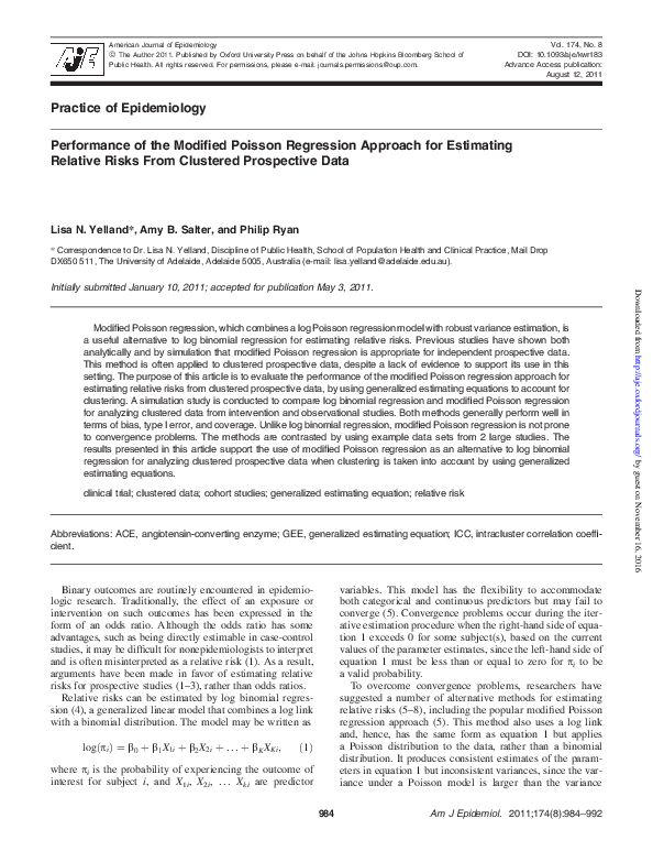 Pdf Performance Of The Modified Poisson Regression Approach For Estimating Relative Risks From