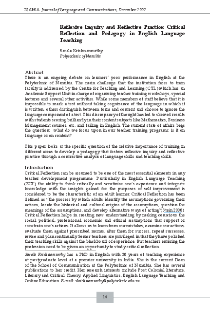 (PDF) Reflexive inquiry and reflective practice: Critical reflection and pedagogy in English ...