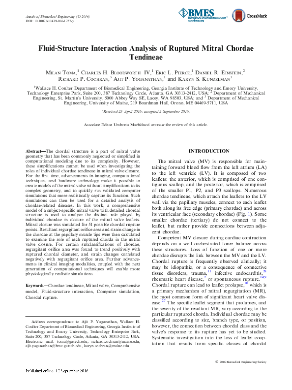 Pdf Fluid Structure Interaction Analysis Of Ruptured Mitral Chordae Tendineae