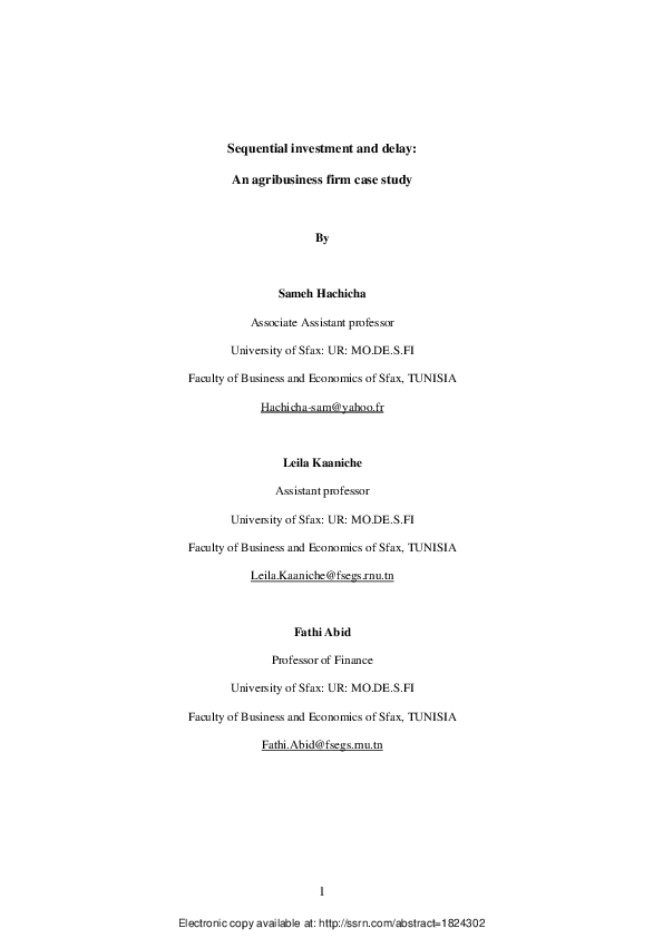 (PDF) Sequential investment and delay: an agribusiness firm case study