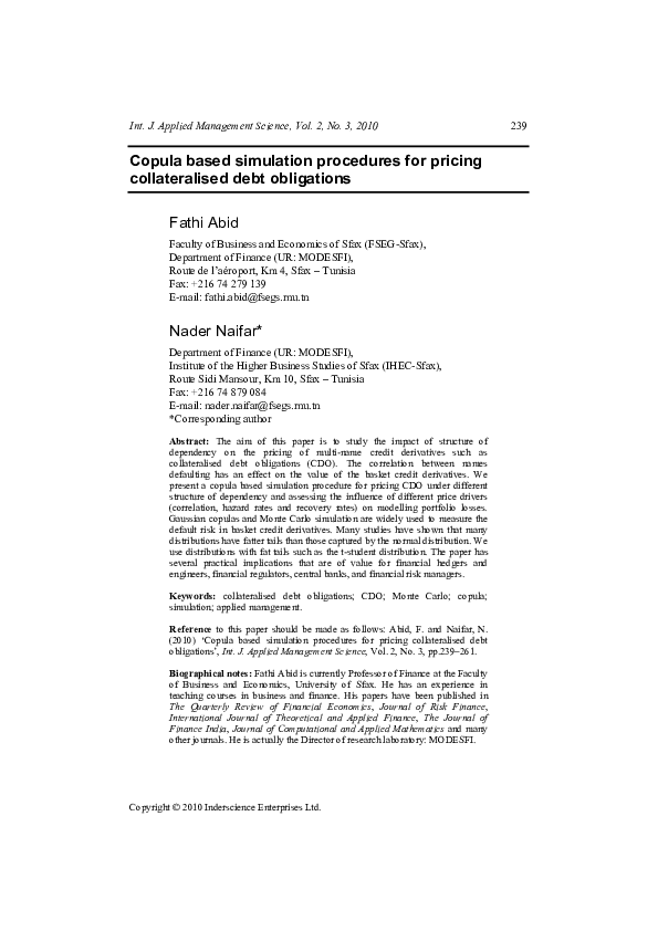 (PDF) Copula Methods for CDO Pricing Analysis