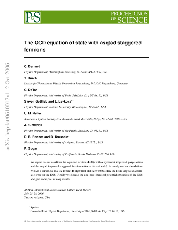 Pdf The Qcd Equation Of State With Asqtad Staggered Fermions