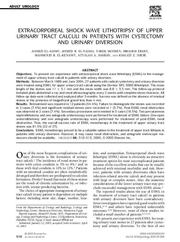 (PDF) Extracorporeal shock wave lithotripsy of upper urinary tract ...