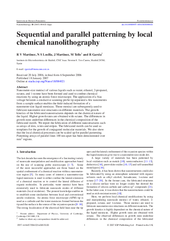 Pdf Sequential And Parallel Patterning By Local Chemical Nanolithography