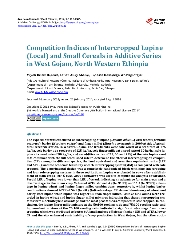 (PDF) Competition Indices of Intercropped Lupine (Local) and Small ...