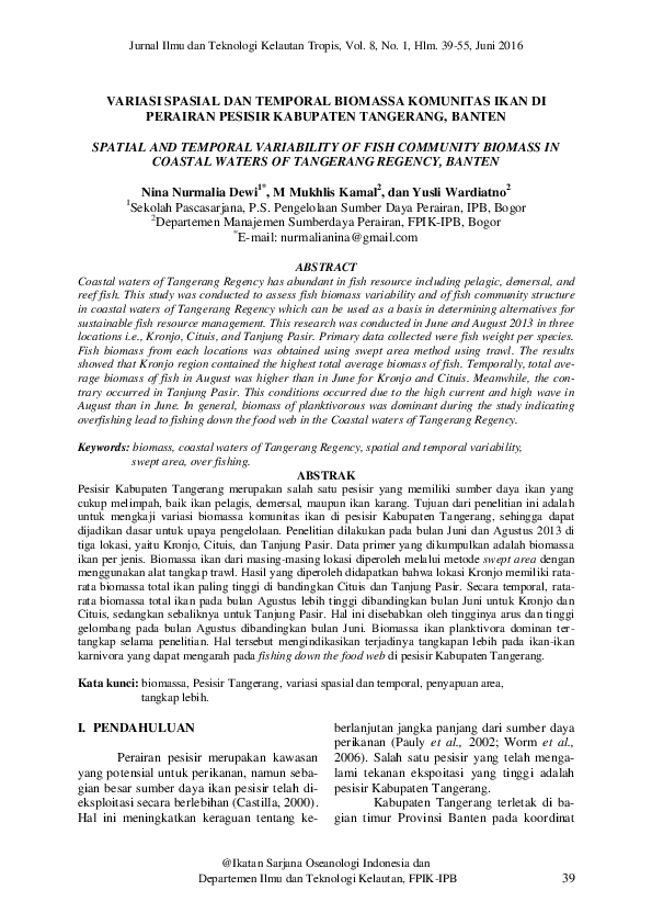 (PDF) SPATIAL AND TEMPORAL VARIABILITY OF FISH COMMUNITY BIOMASS IN COASTAL WATERS OF TANGERANG ...