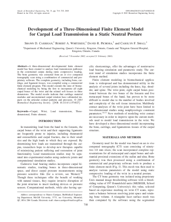(PDF) Development of a Three-Dimensional Finite Element Model for Carpal Load Transmission in a ...