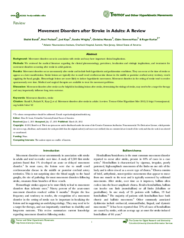 (PDF) Review Movement Disorders after Stroke in Adults: A Review