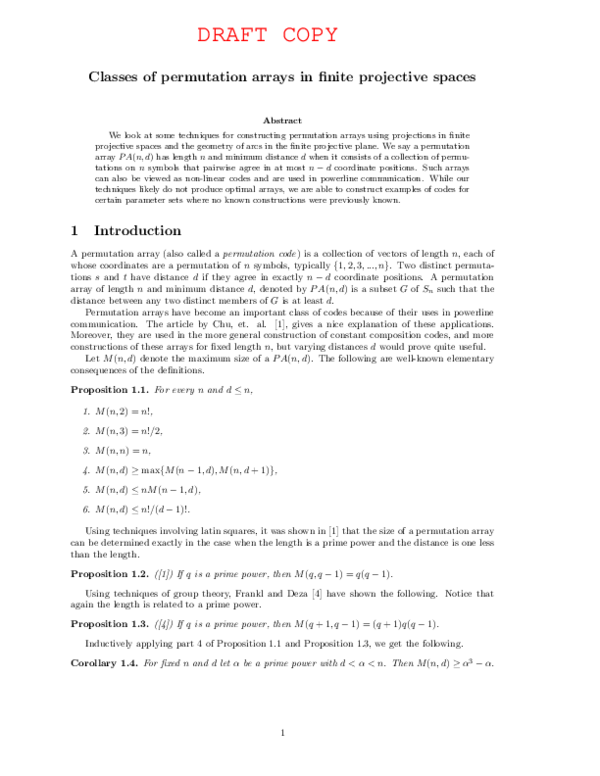 Pdf Classes Of Permutation Arrays In Finite Projective Spaces