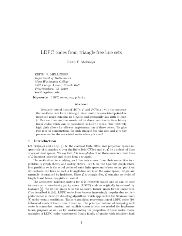 (PDF) LDPC Codes from Triangle-Free Line Sets