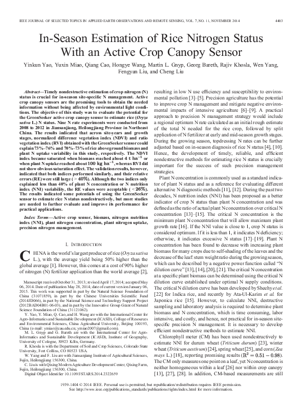(PDF) In-Season Estimation of Rice Nitrogen Status With an Active Crop ...