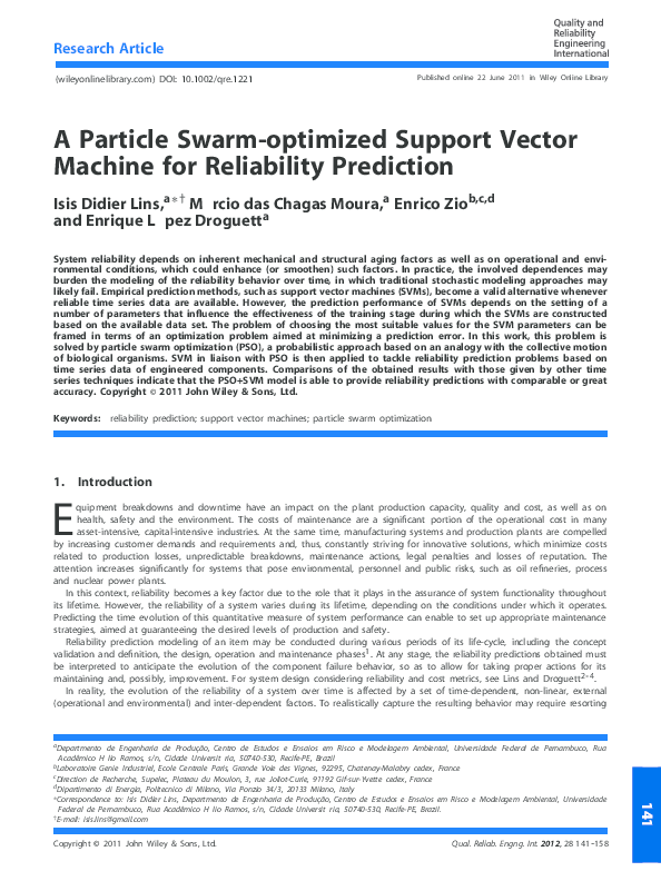 Pdf A Particle Swarm Optimized Support Vector Machine For Reliability