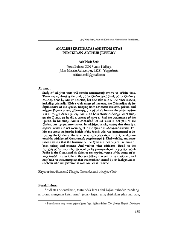 (PDF) Analisis Kritis atas Ahistorisitas Pemikiran Arthur Jeffery.pdf