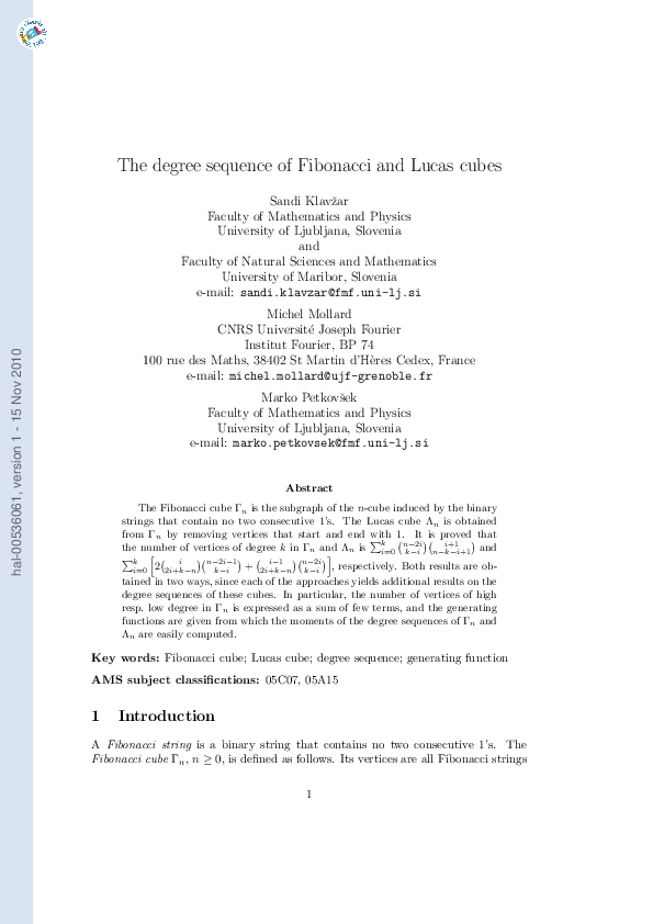 (PDF) The degree sequence of Fibonacci and Lucas cubes