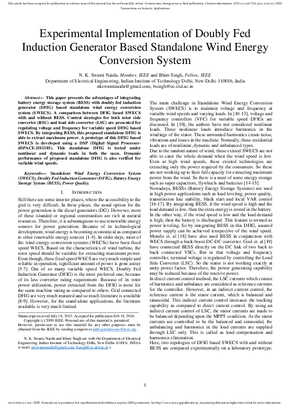 Pdf Experimental Implementation Of Doubly Fed Induction Generator