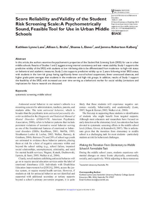(PDF) Score Reliability and Validity of the Student Risk Screening Scale: A Psychometrically ...