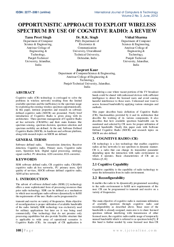 Pdf Opportunistic Approach To Exploit Wireless Spectrum By Use Of Cognitive Radio A Review